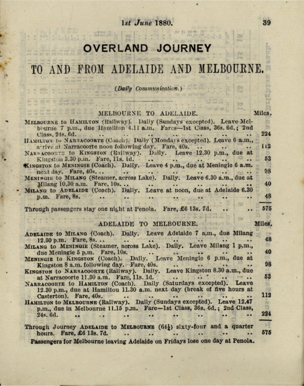 Overland-timetable – Milang